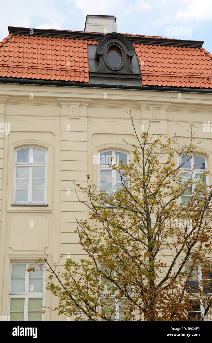 Tree and traditional house with tile roof in the old town of Warsaw ...