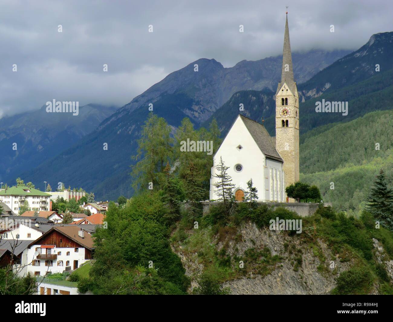 Church located on a rock outcrop at Scuol in the Lower Engadine ...