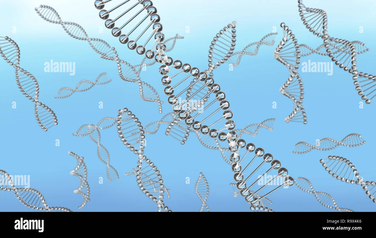 Many Dna chains in water floating. Dna from glass material and blue ...