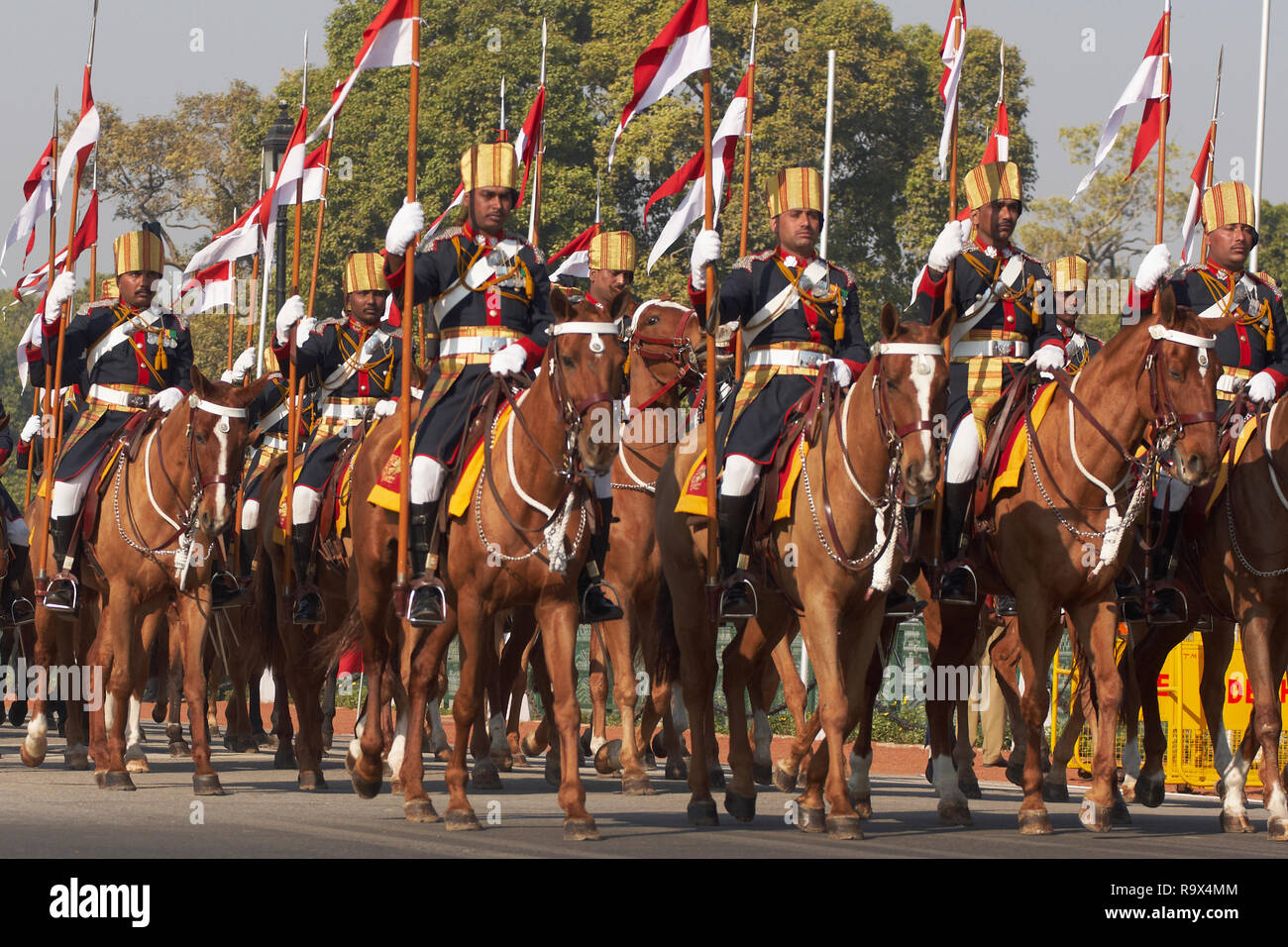Mounted soldiers parading down the Raj Path in preparation for the ...
