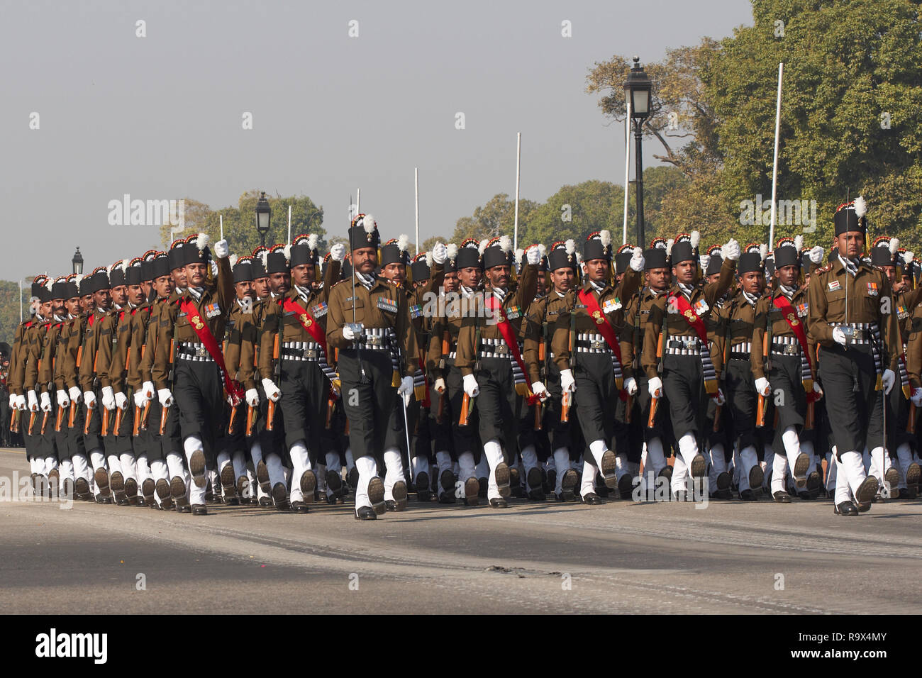 Soldiers of the Indian Army marching down the Raj Path in preparation ...