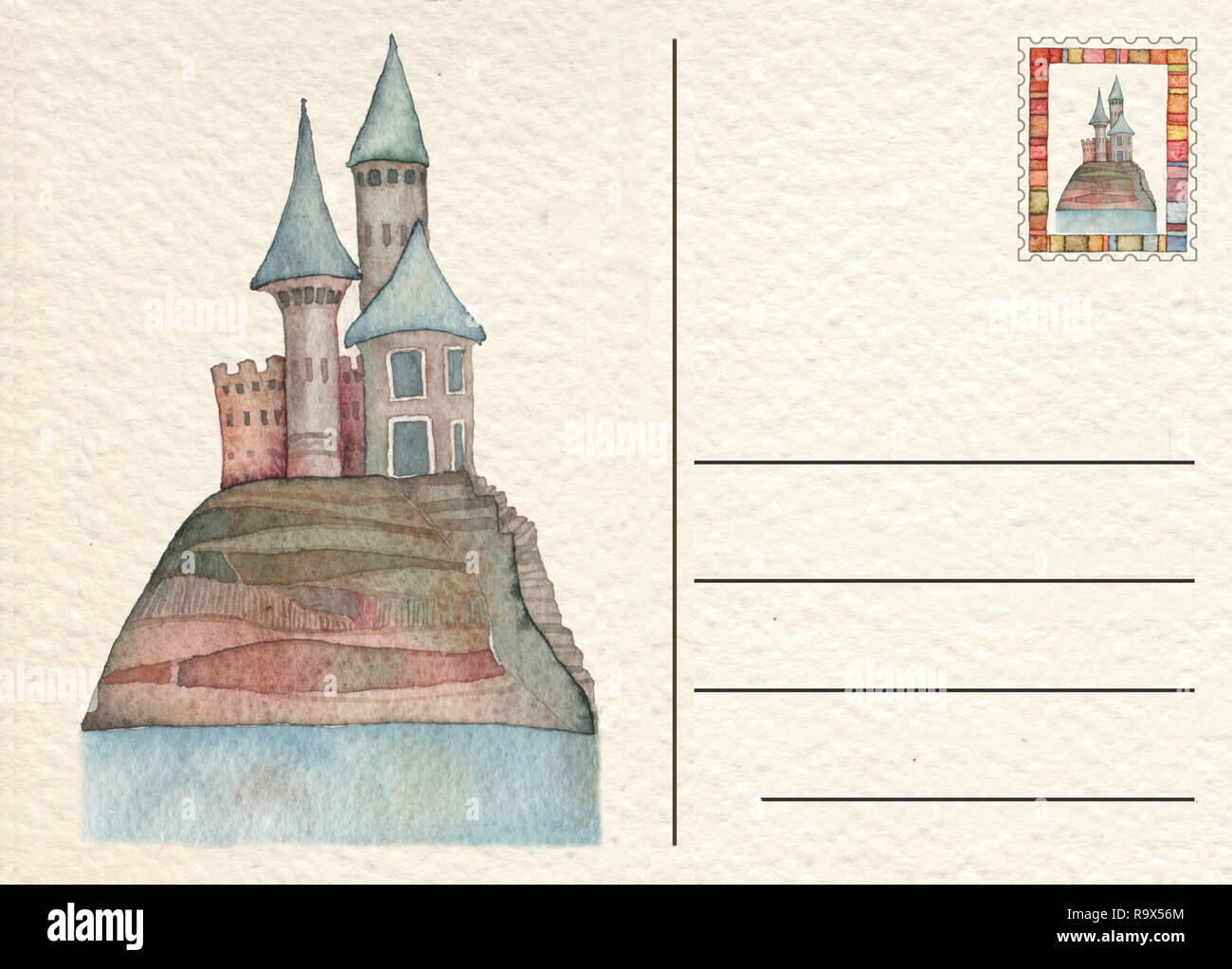 Hand drawn back postcard with Castle, watercolor illustration Stock ...