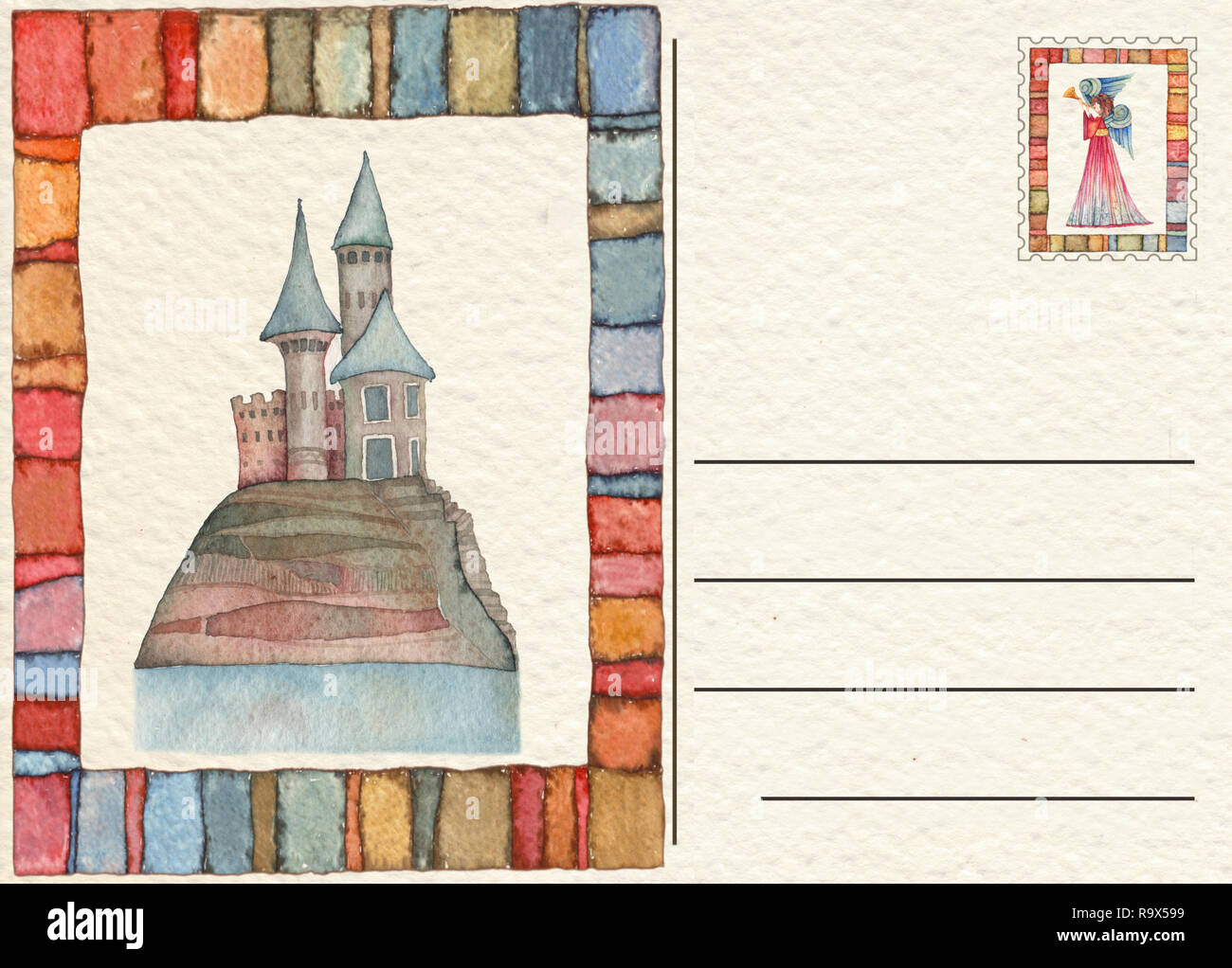 Hand drawn back postcard with Castle, watercolor illustration Stock ...