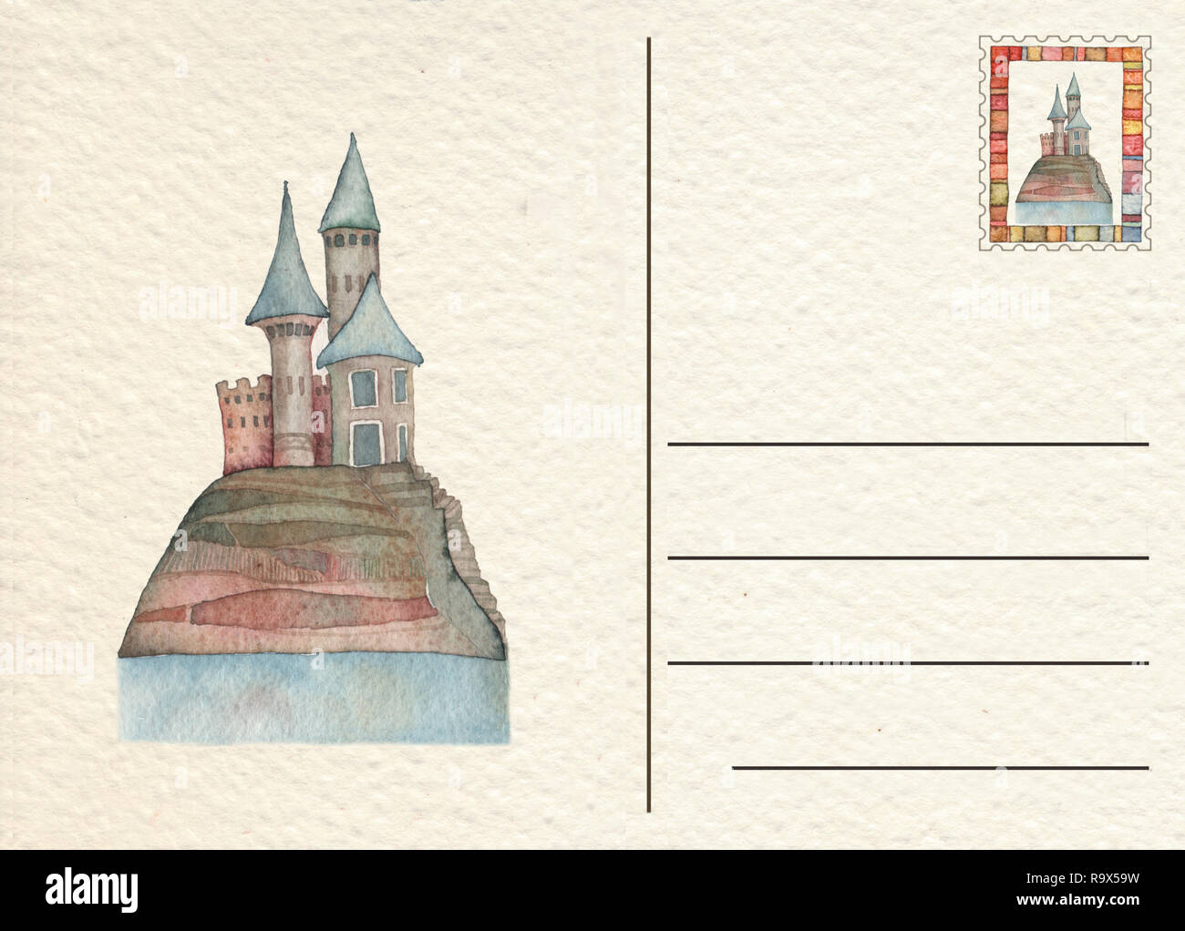 Hand drawn back postcard with Castle, watercolor illustration Stock ...