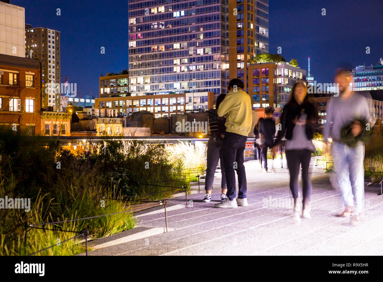 NEW YORK CITY - OCTOBER 21, 2017: Night scene along Highline Park in ...