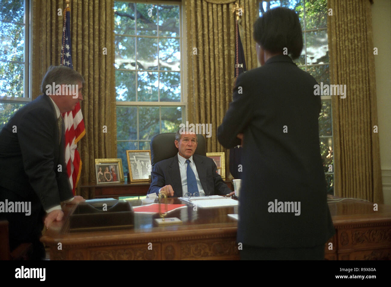 President George W. Bush meets with Andy Card and Condoleezza Rice ...