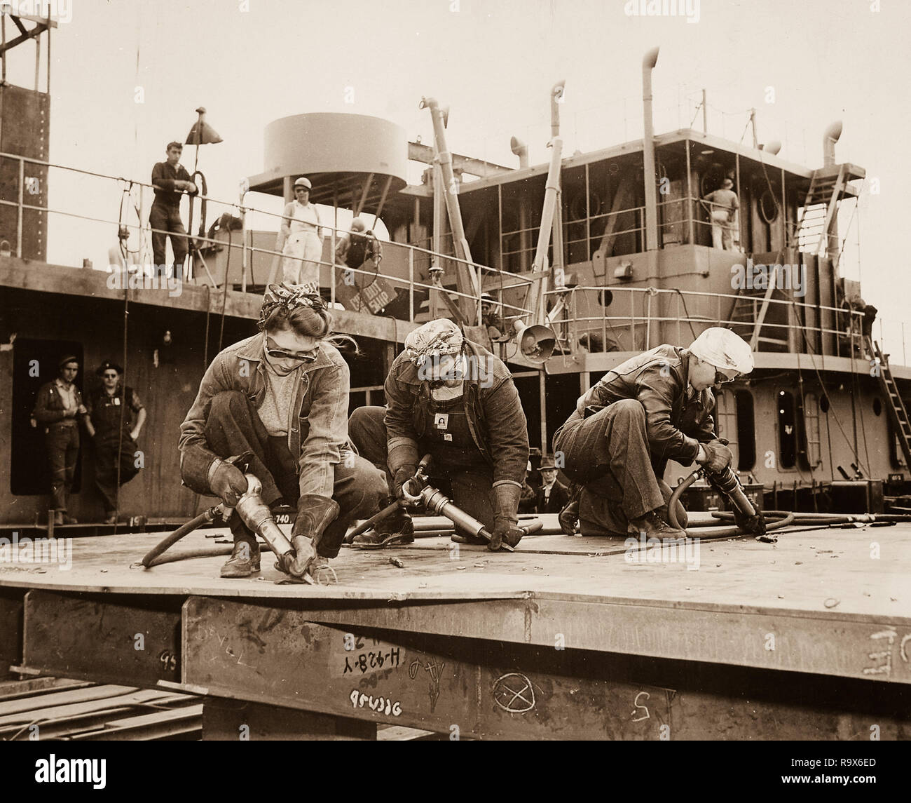 Chippers in a Shipyard Shipbuilding. Three Women Working, 1942 Stock ...