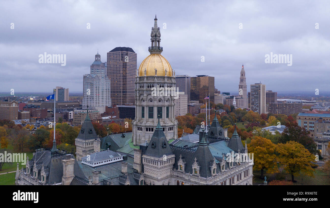 Downtown buildings under a dark sky at the Connecticut state capitol ...