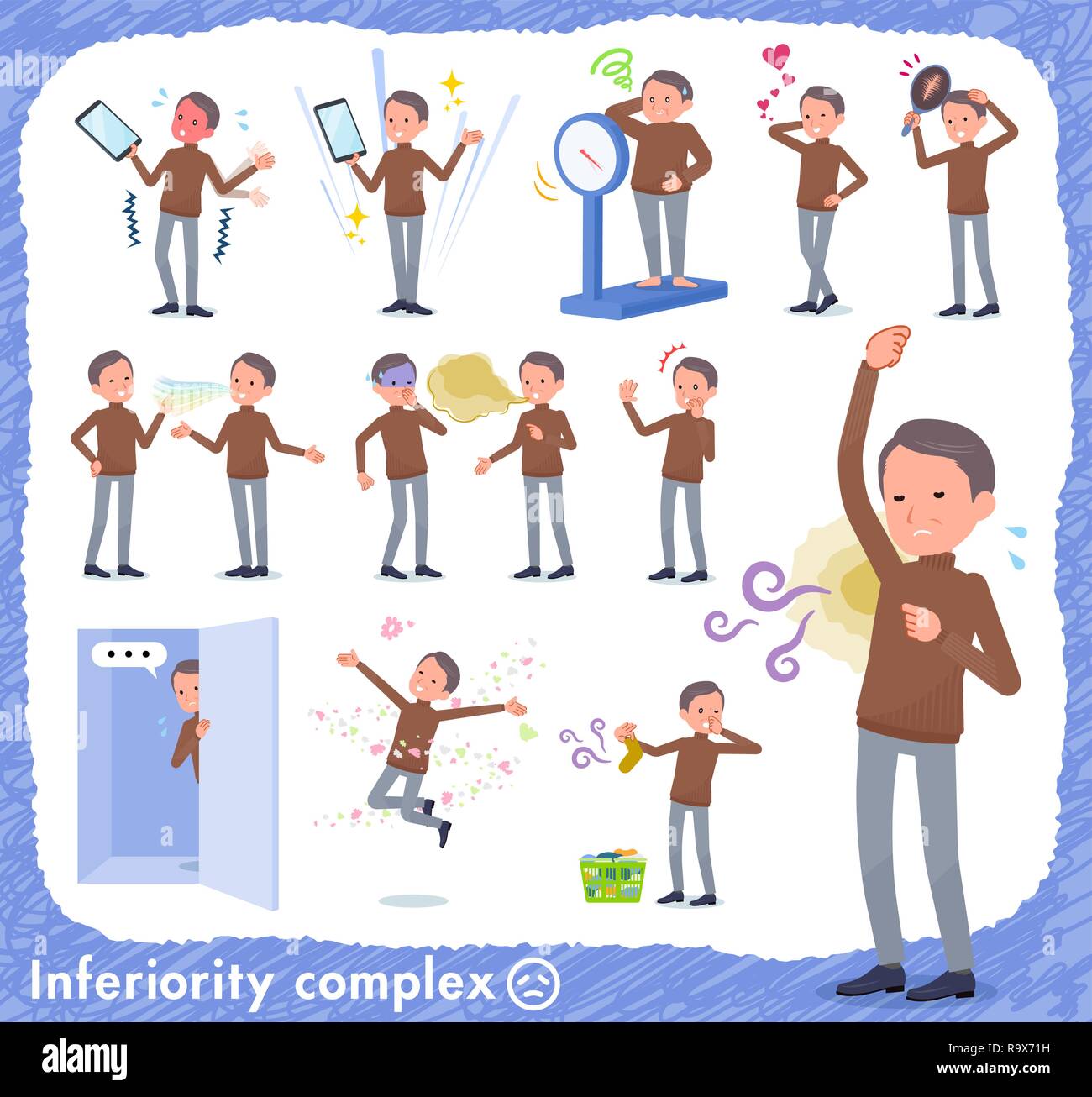 A set of middle Age man on inferiority complex.There are actions ...