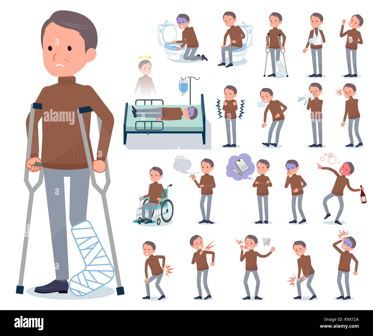 A set of middle Age man with injury and illness.There are actions that ...