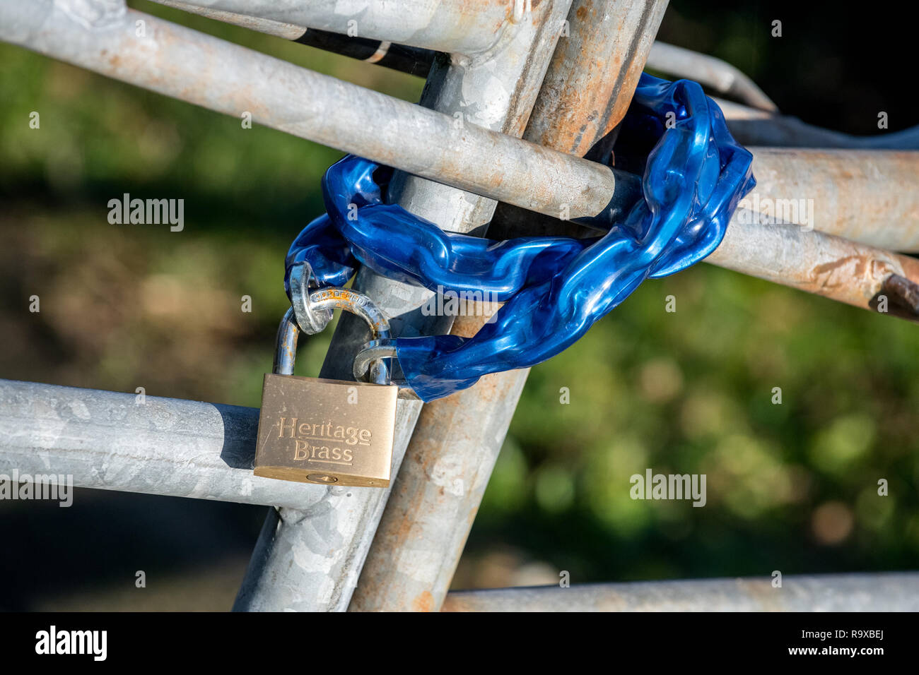 Galvanized metal gates locked with a padlock and plastic protected ...