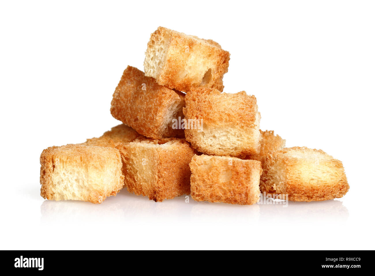 Tiny bread cubes isolated on white background. Macro, studio shot Stock ...
