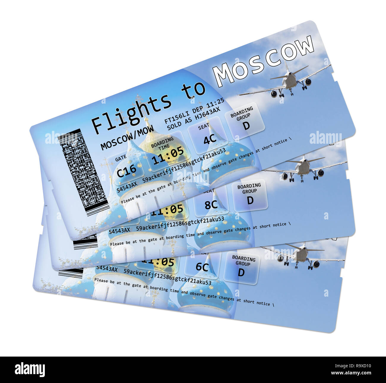 Airline boarding pass tickets to Moscow isolated on white. The contents ...