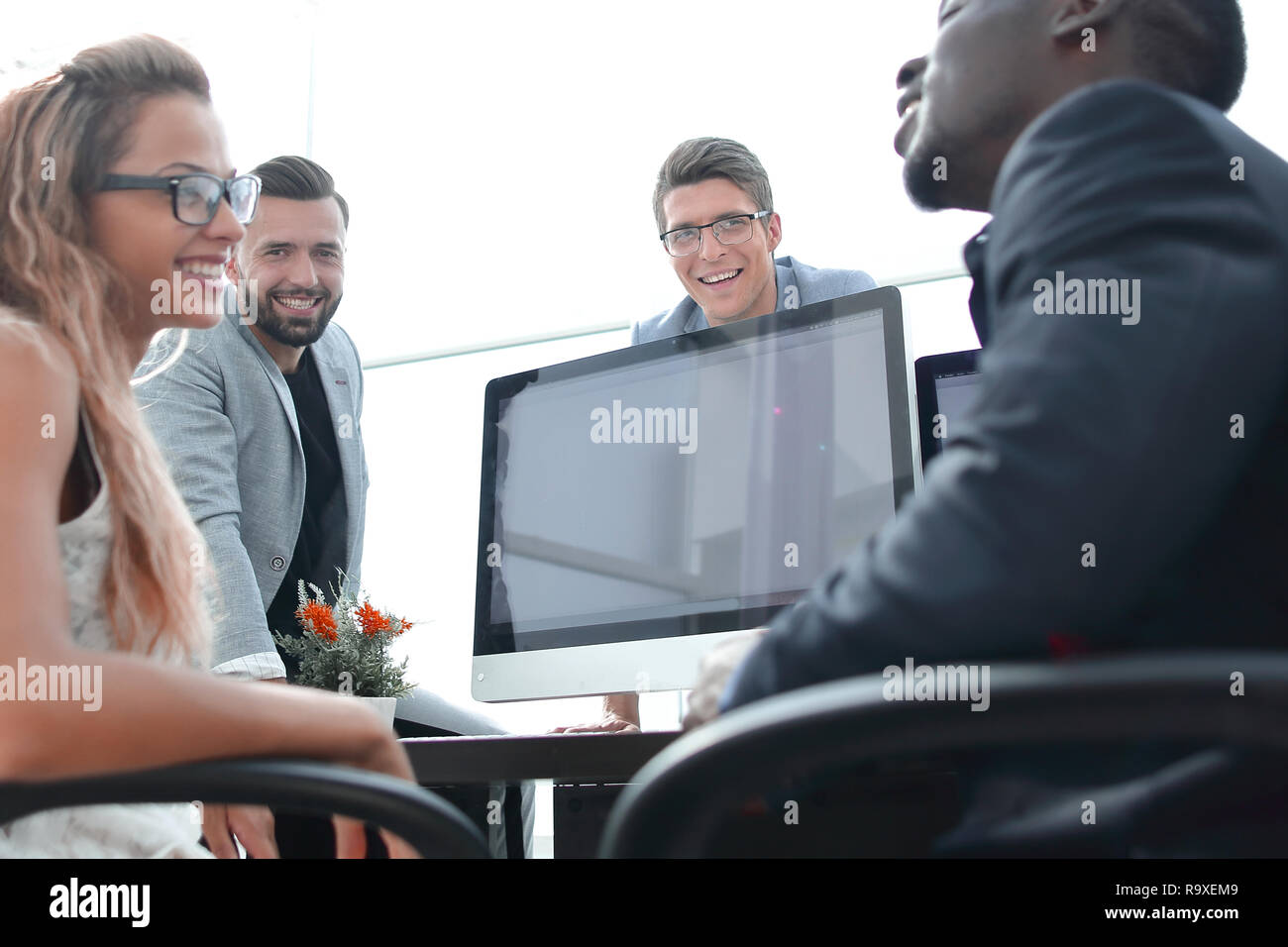 office staff talking in the workplace Stock Photo - Alamy