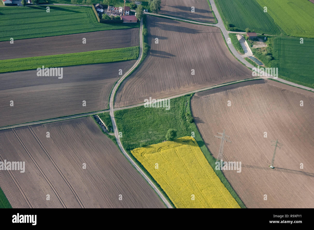 Top view of the agricultural area in early summer of Munich, Germany ...