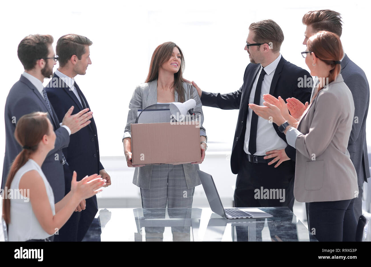 boss and business team welcome new employee Stock Photo - Alamy