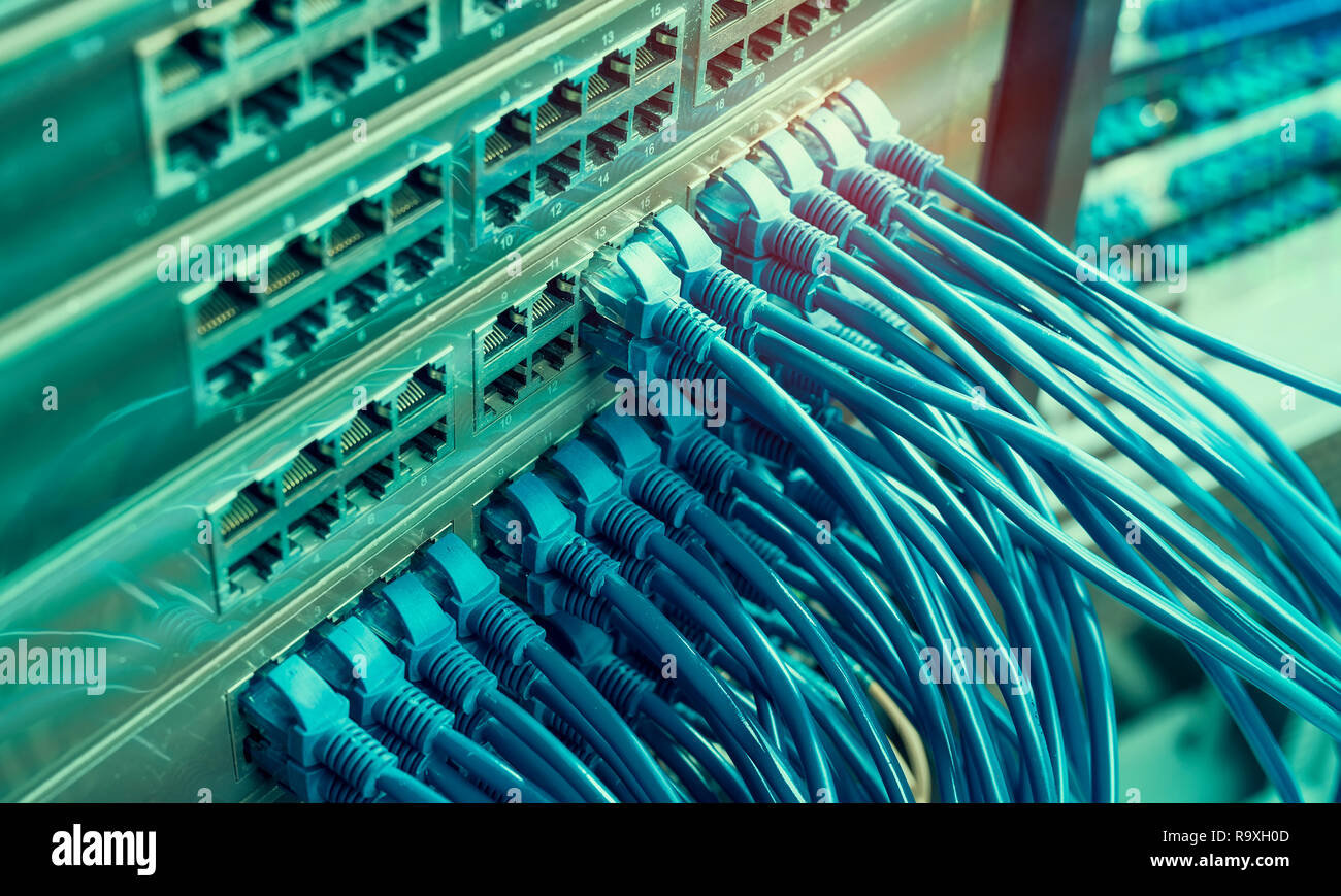 network cables and hub closeup with fiber optical background Stock ...