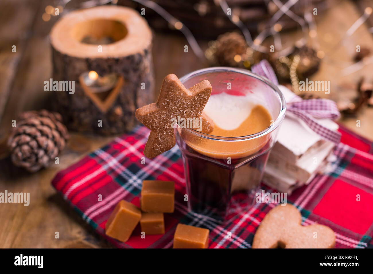 Fresh aromatic coffee and Italian Christmas sweets. Nougat with almonds ...