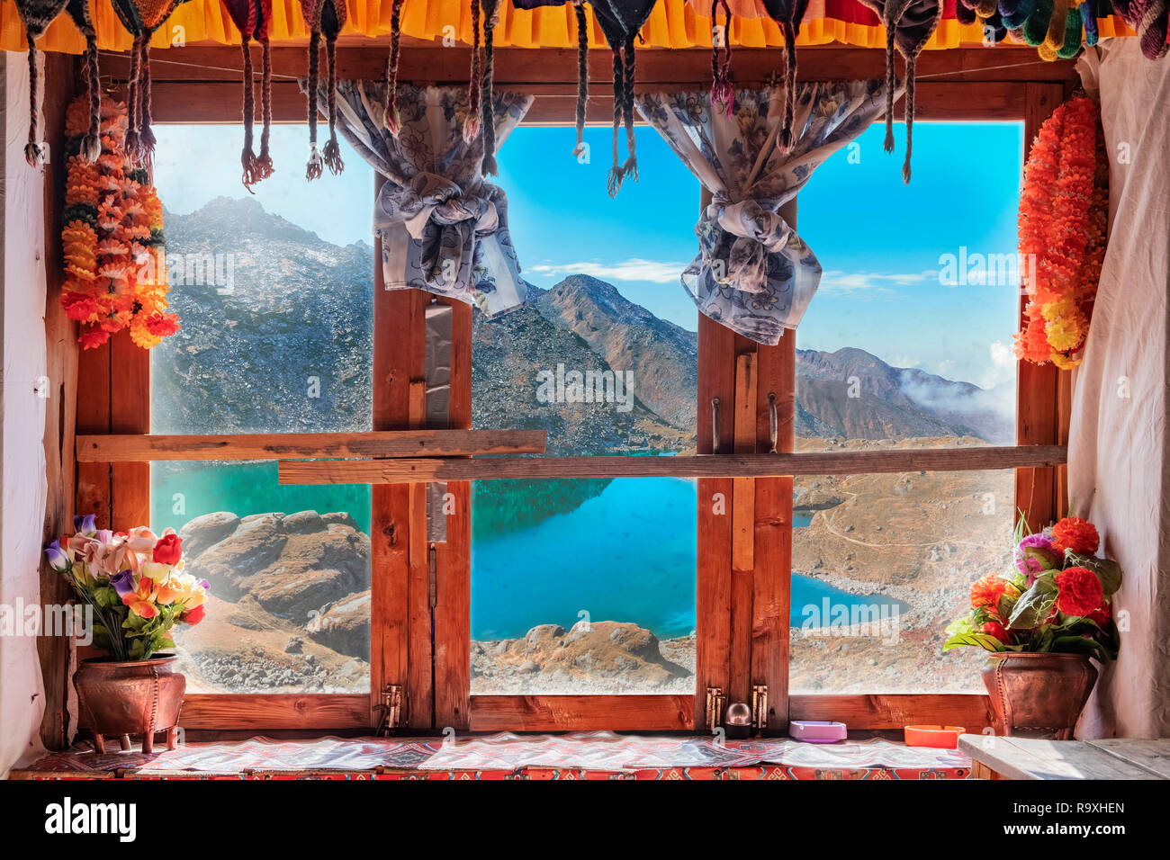 Beautiful decorated window of a restaurant in Nepal with view to Gokyo ...