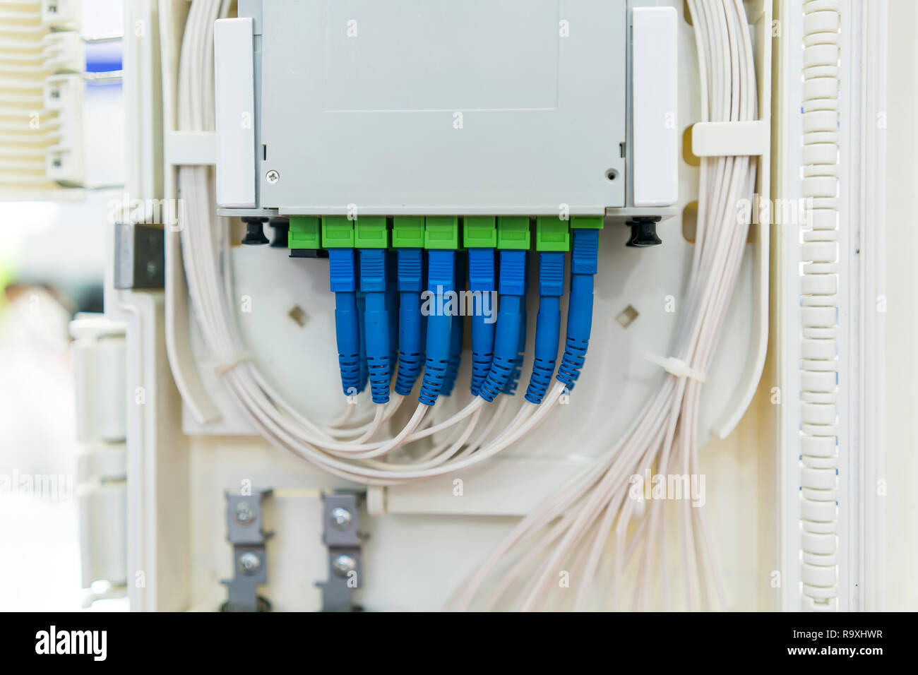 Fiber optic cablel connect to communication Distribution point Stock ...