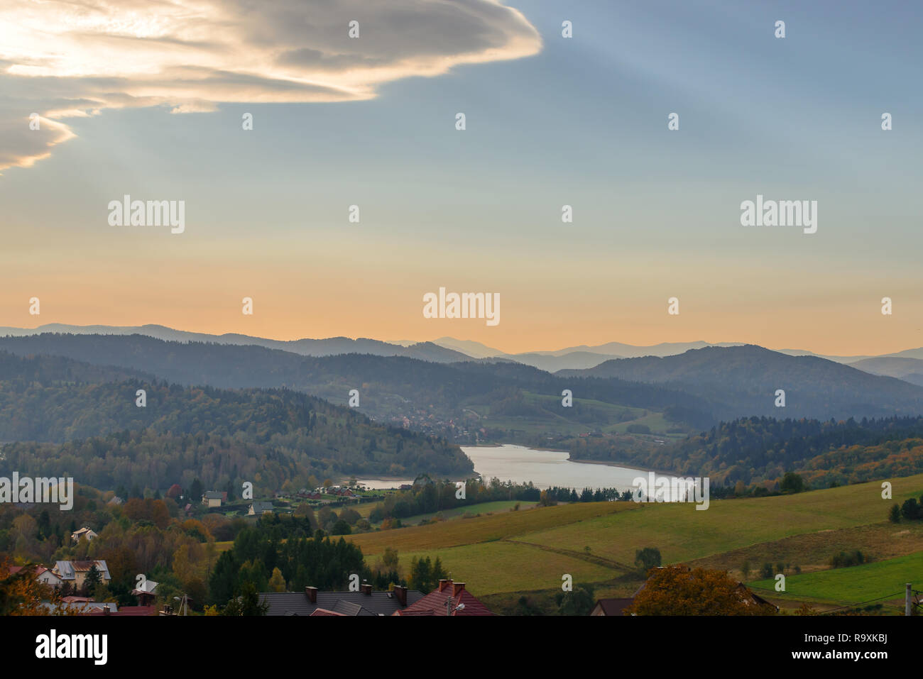 Polanczyk, Bieszczady Mountains. Poland: Sun rising over mountains ...