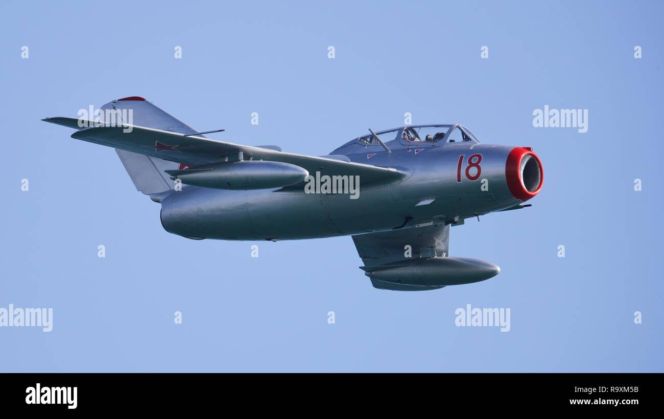 Mikoyan Gurevich MiG-15UTI "RED 18" performing at the 2018 Bournemouth ...