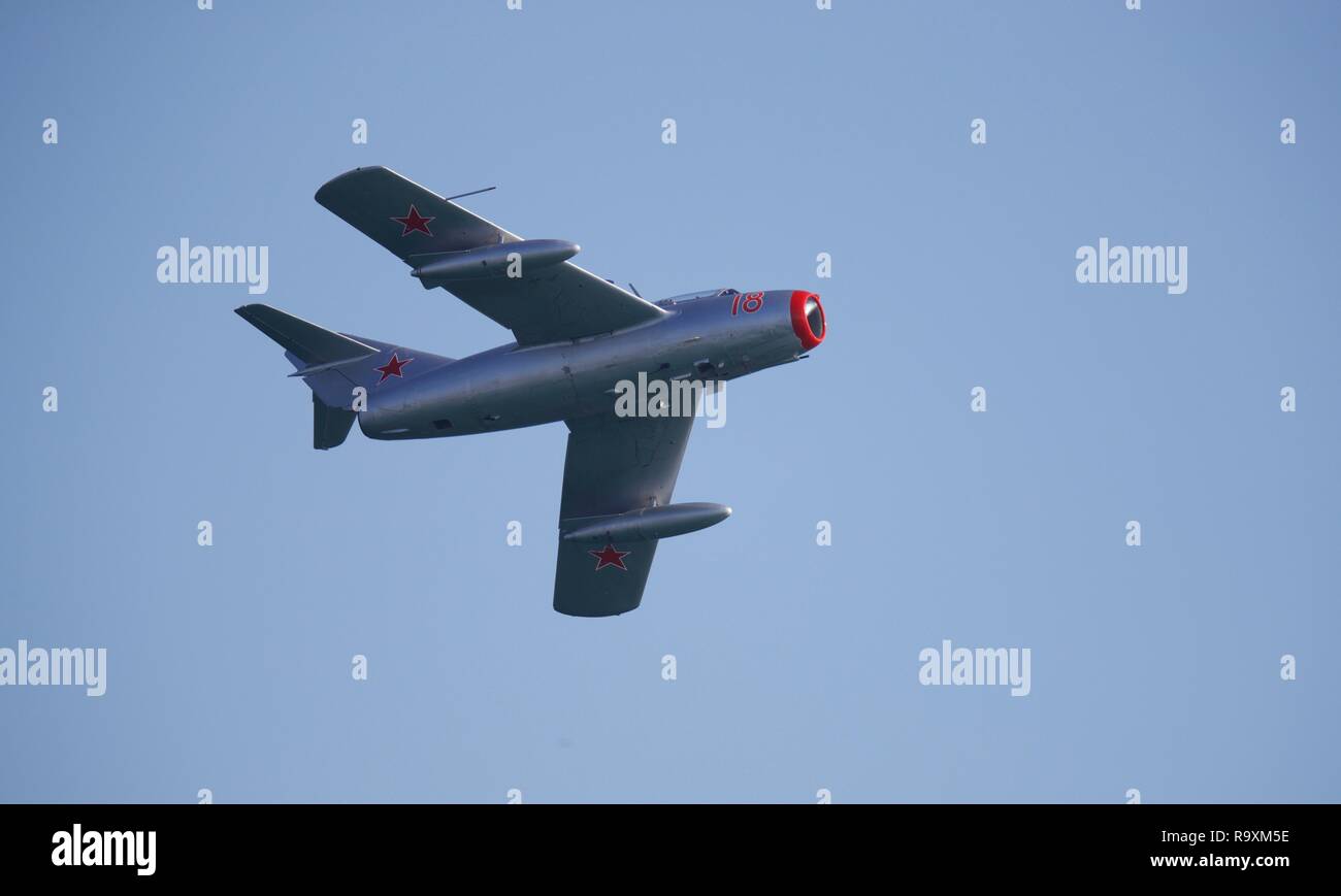 Mikoyan Gurevich MiG-15UTI "RED 18" performing at the 2018 Bournemouth ...