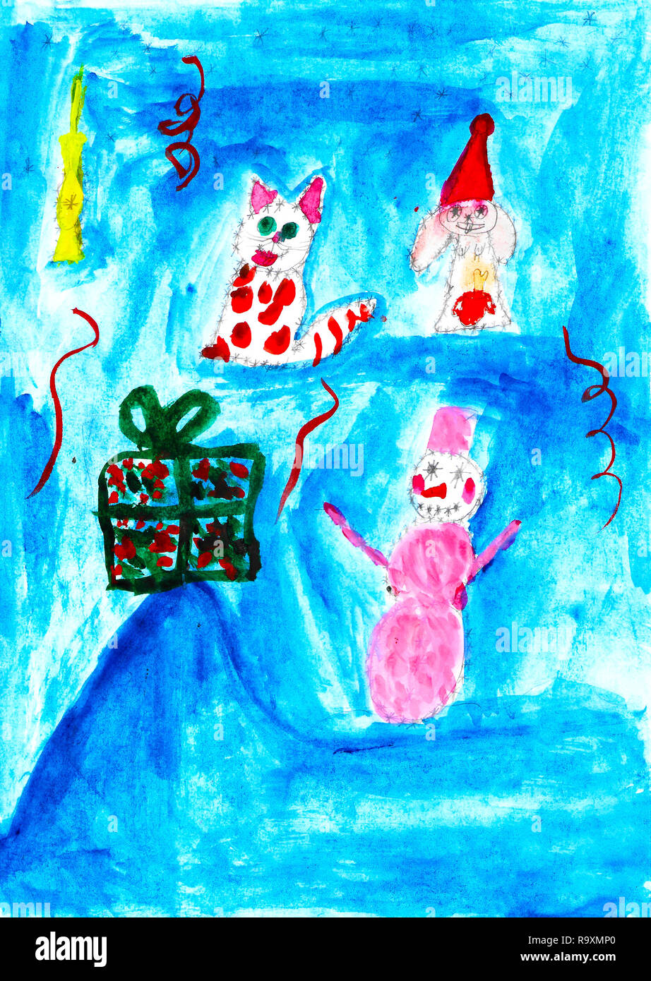 Cat, rabbit and snowman rejoice the present, blue background, child ...