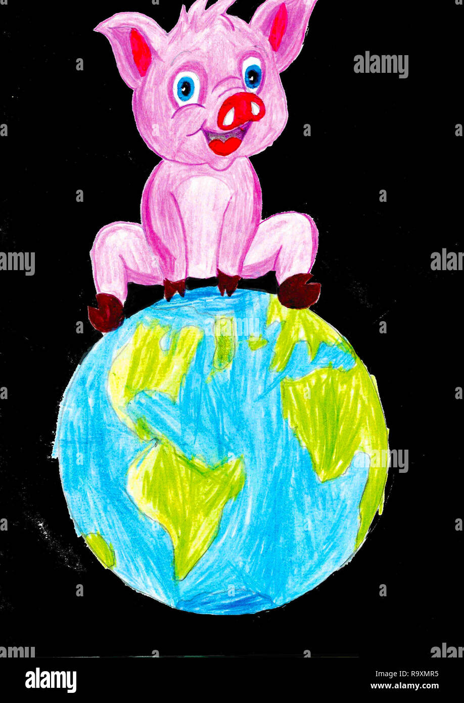 Big pink pig sitting on the Earth, black background, child drawing ...