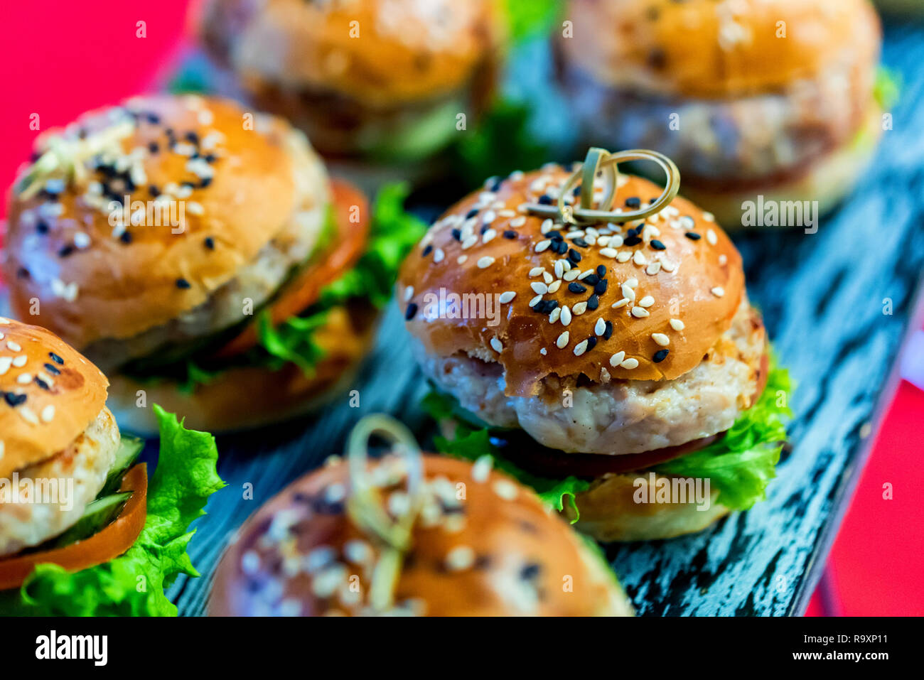Homemade small hamburgers with fresh vegetables and meat patties Stock ...