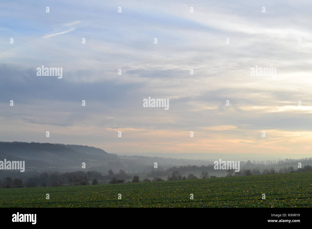 Mist rises in the Darenth Valley (Darent Valley) as high pressure ...