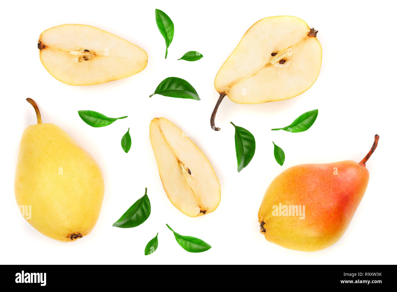 Three ripe red yellow pear fruits with leaf isolated on white ...