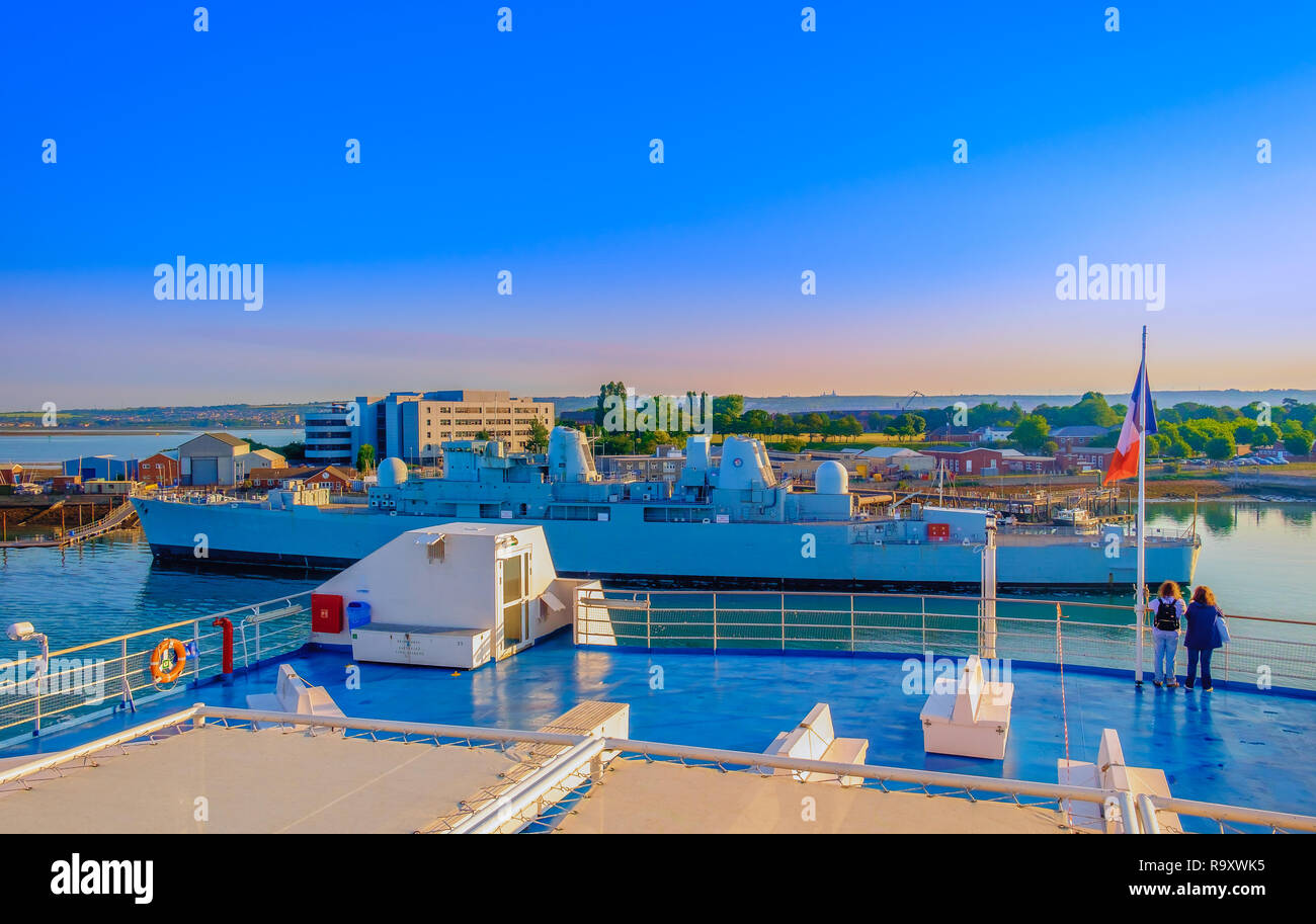Portsmouth, England, view from a ferry arriving at Portsmouth port in ...
