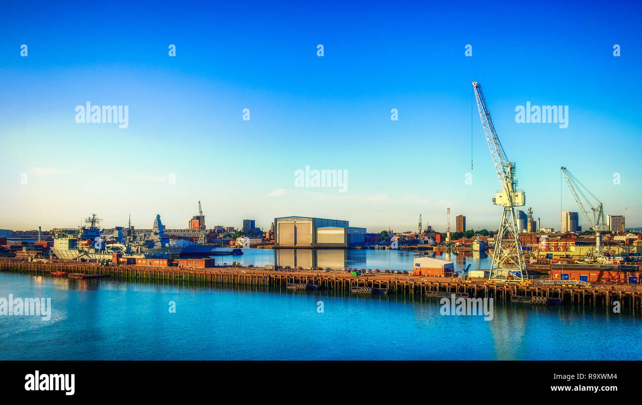 Portsmouth, England, view from a ferry arriving at Portsmouth port in ...