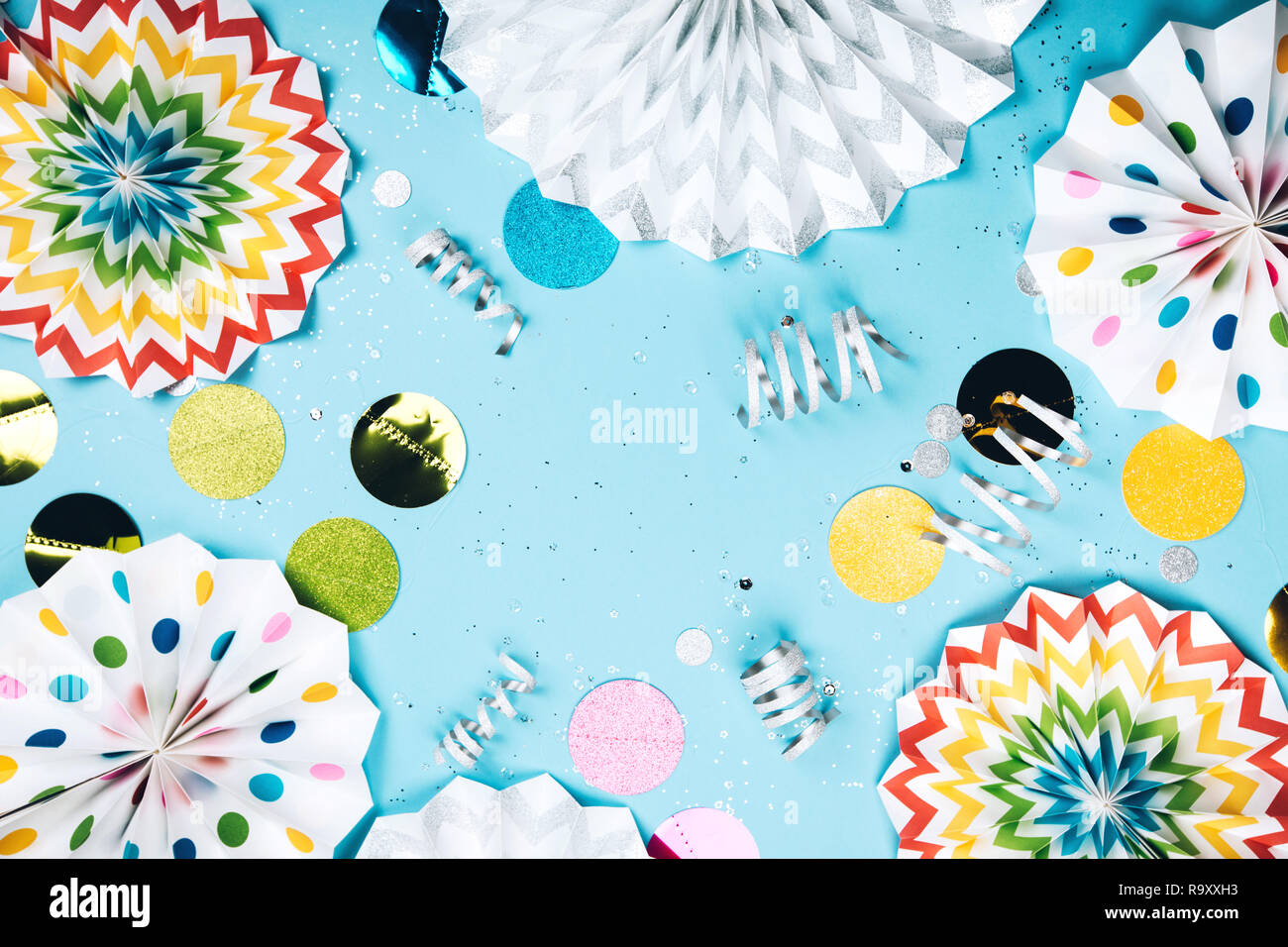 Birthday party on blue background. Flat lay style. Festive multicolored ...