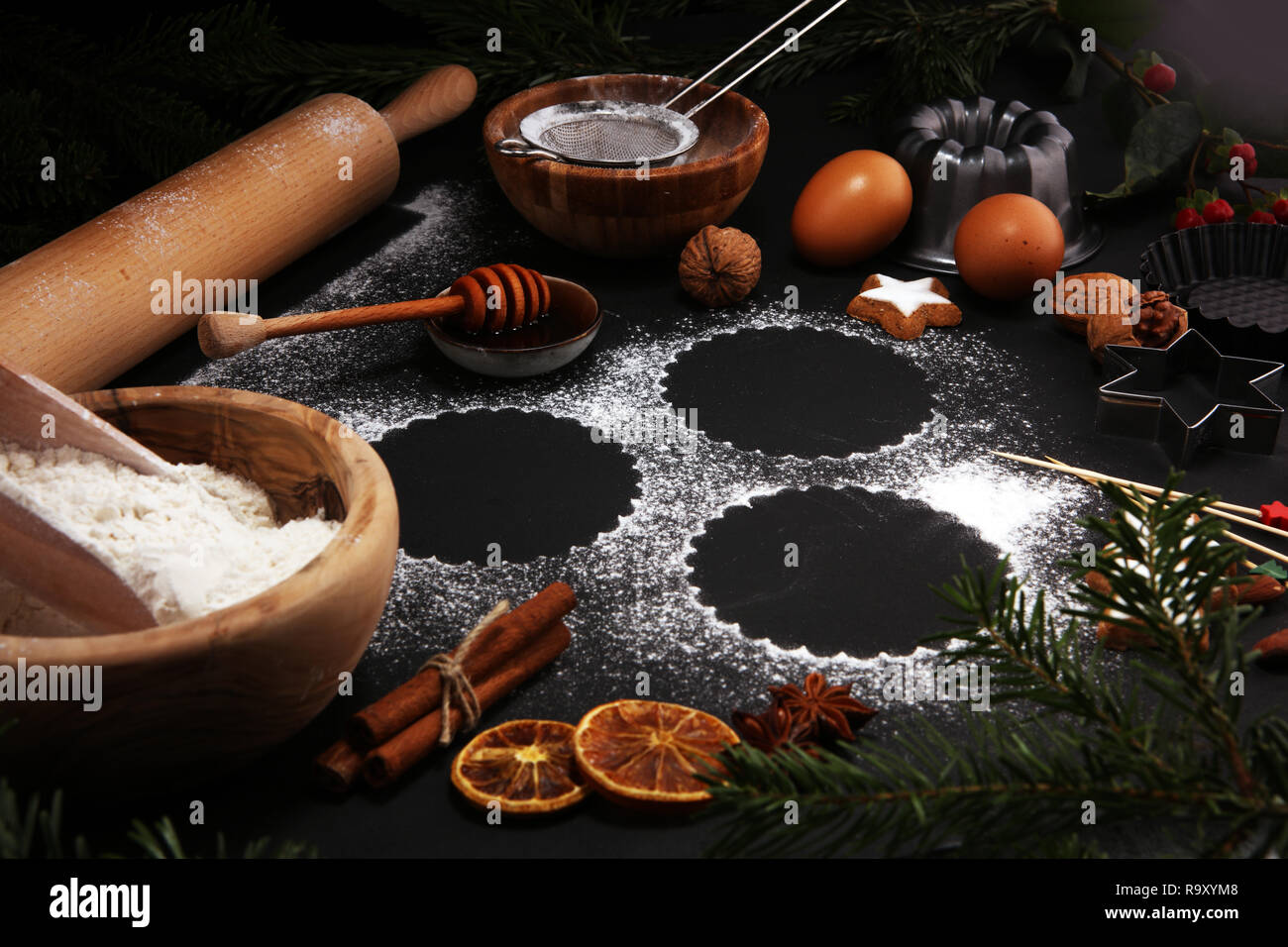 Baking christmas cookies ingredients for homemade pastry on wooden ...