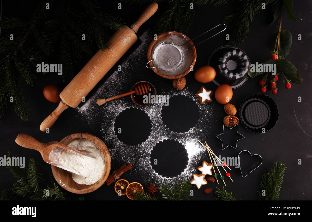 Baking christmas cookies ingredients for homemade pastry on wooden ...