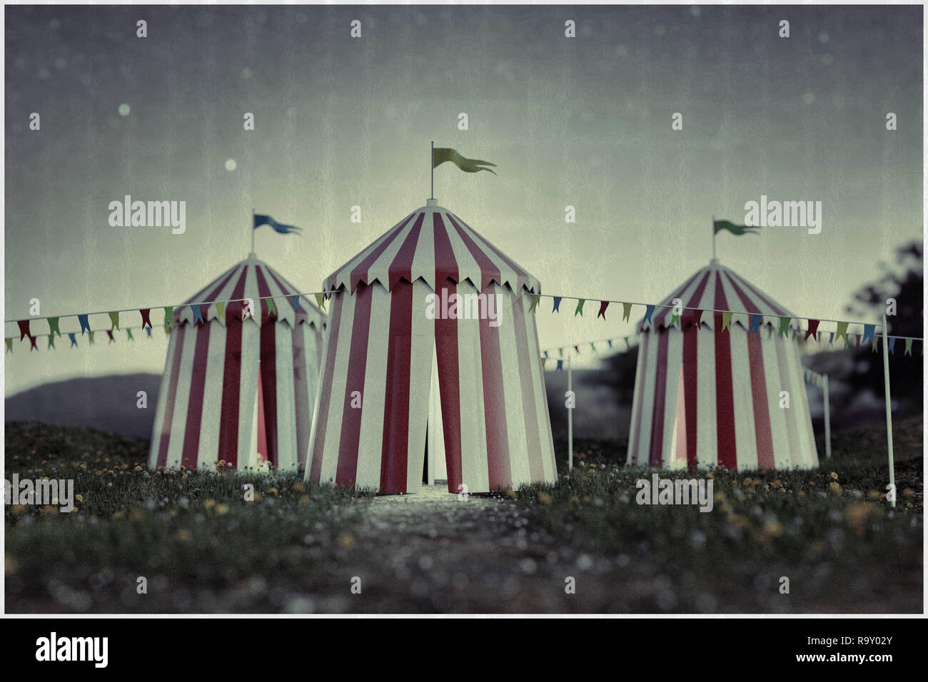 circus tents on green field 3d illustration Stock Photo - Alamy
