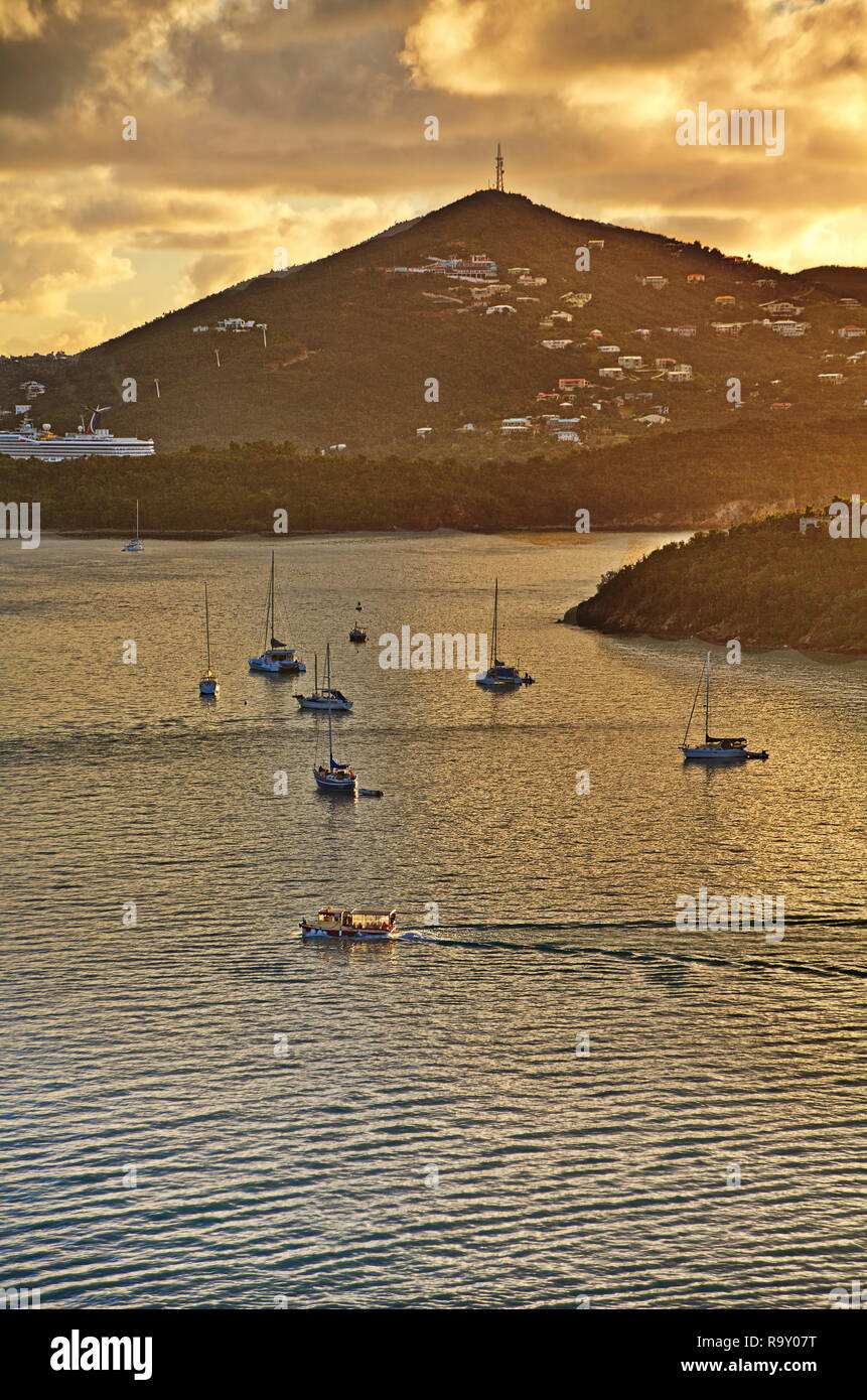 Many Sailboats in Harbor of St Thomas in early morning light Stock ...