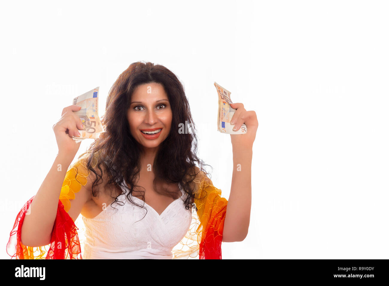 girl with Middle Eastern somatic features enjoying money Stock Photo ...