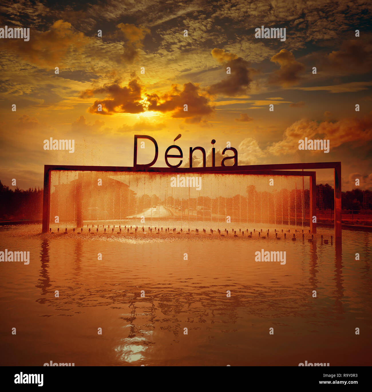 Denia welcome sign fountain in Alicante of Spain Stock Photo - Alamy