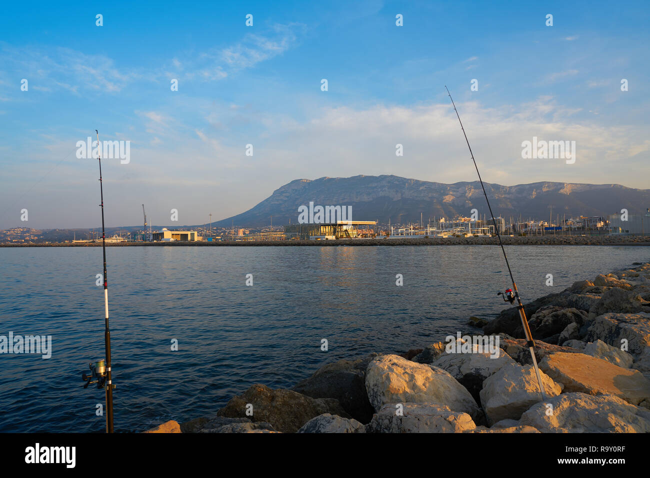 Denia skyline at sunset with Montgo mountain in Alicante Spain Stock ...