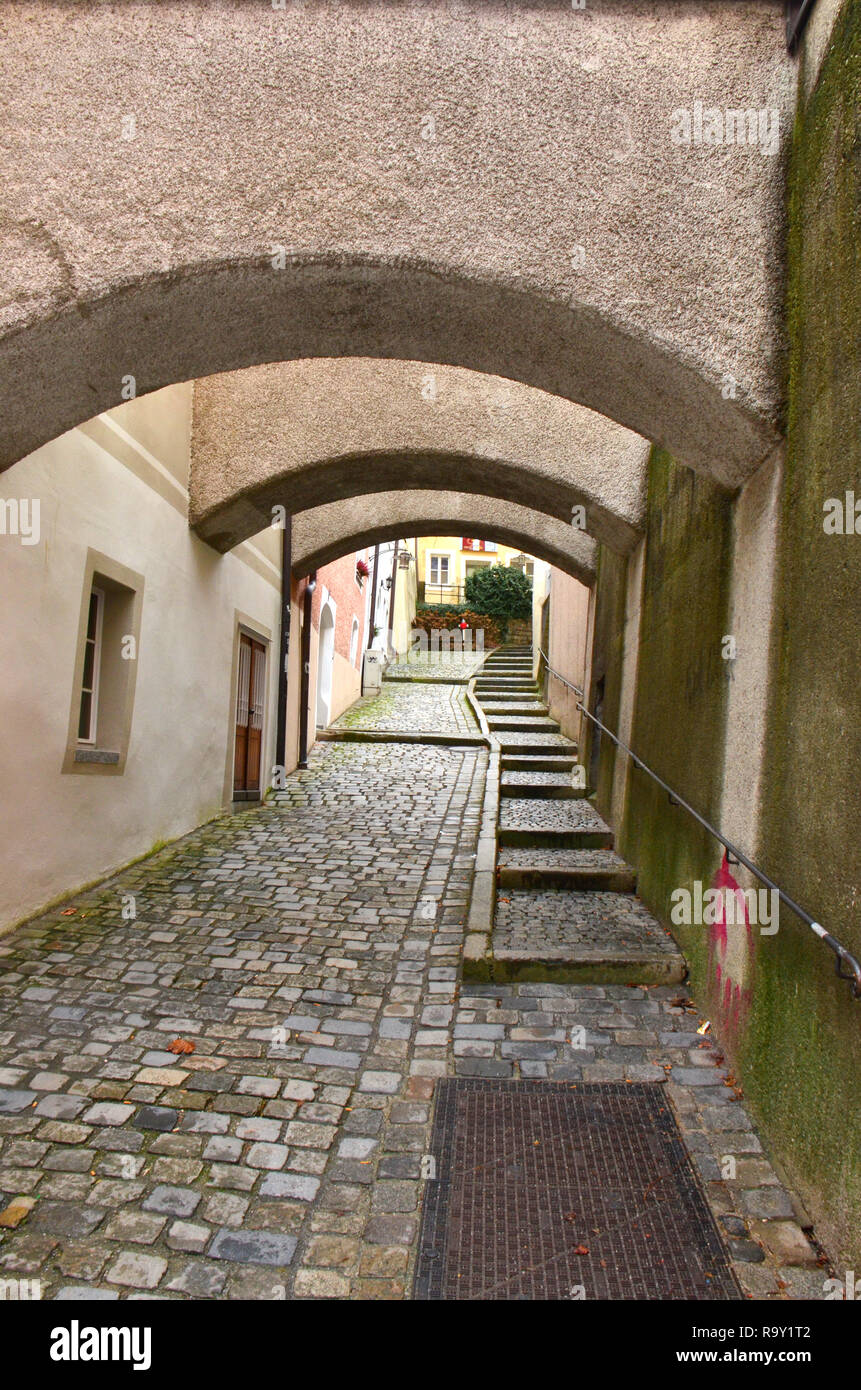 Paths and walkways made from small dressed stone blocks, some centuries ...