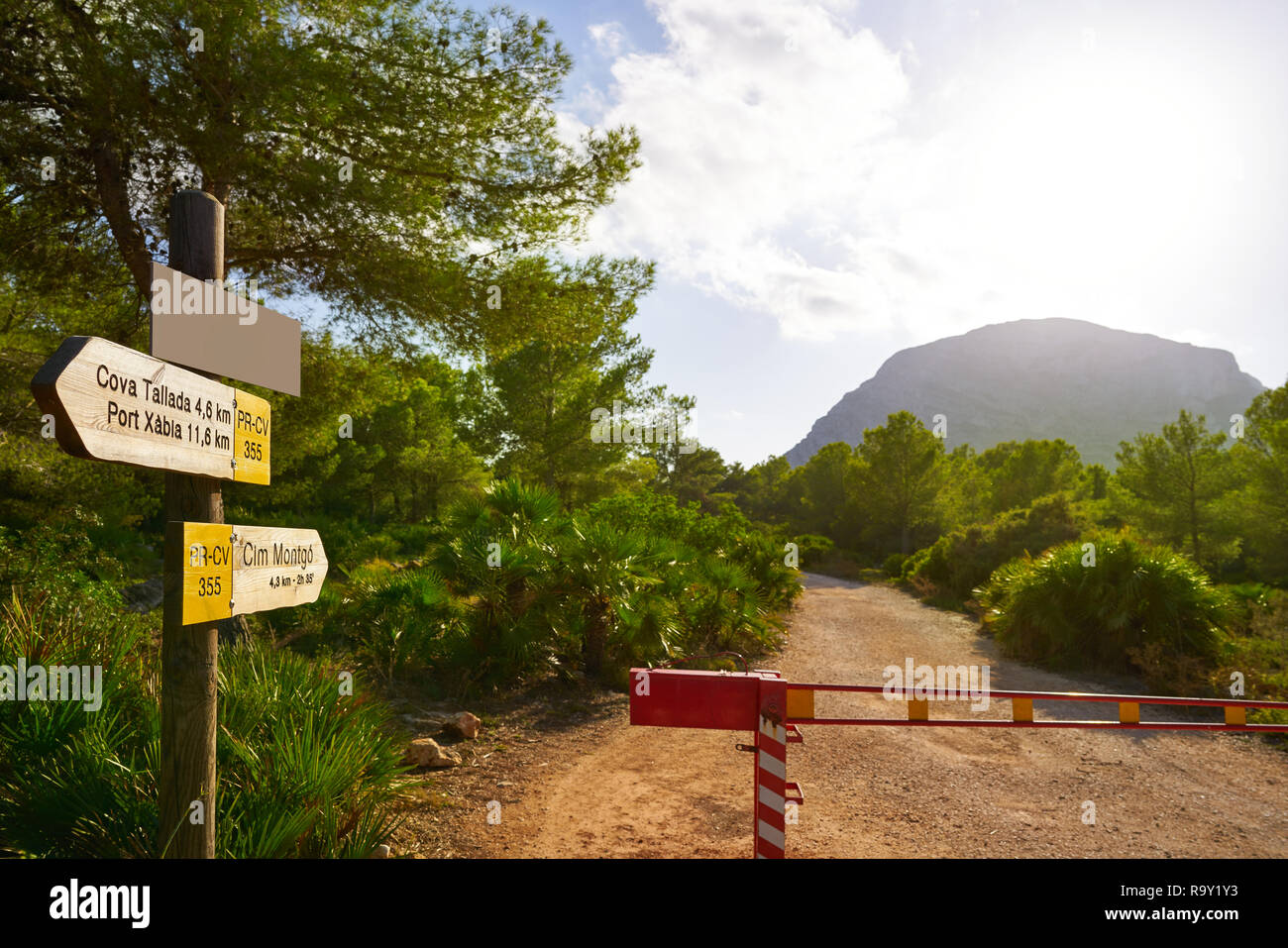 Climb to Montgo mountain track road sign in Javea Denia of Alicante in ...