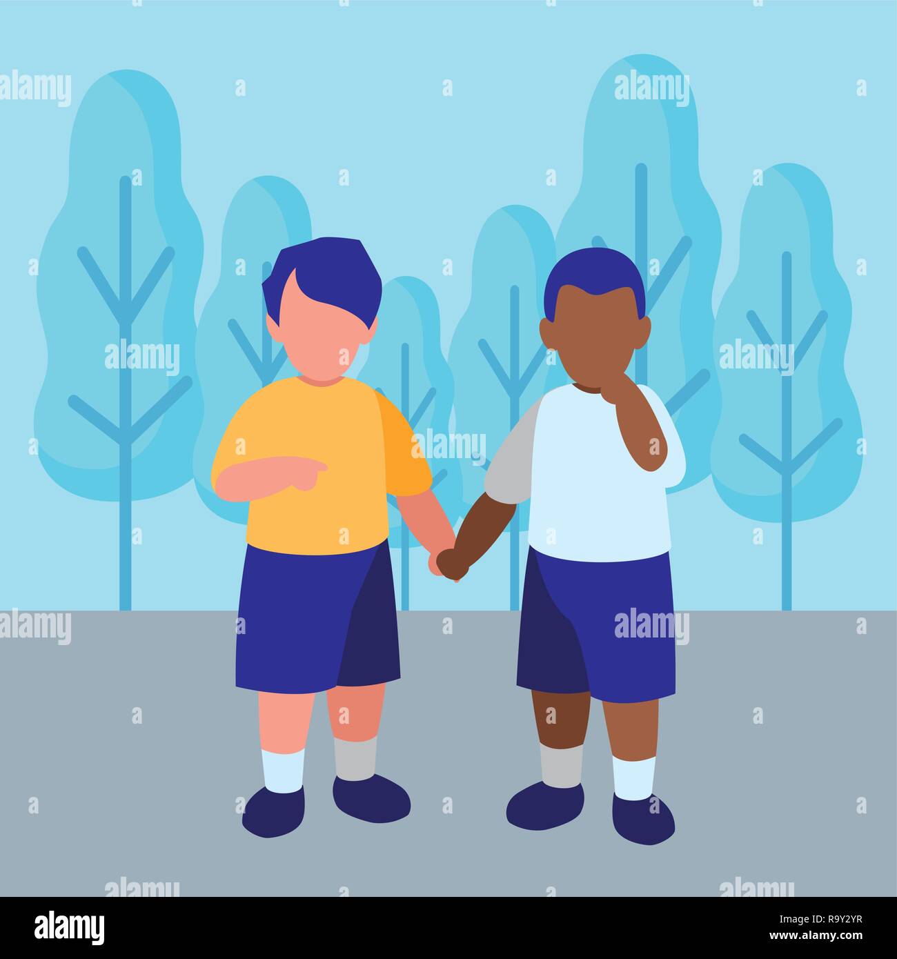 Cute boys over landscape background, colorful design. vector ...