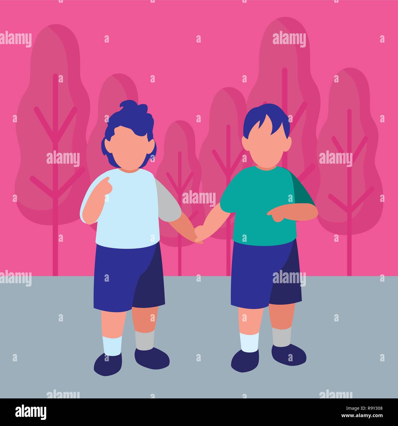 Cute boys over landscape background, colorful design. vector ...