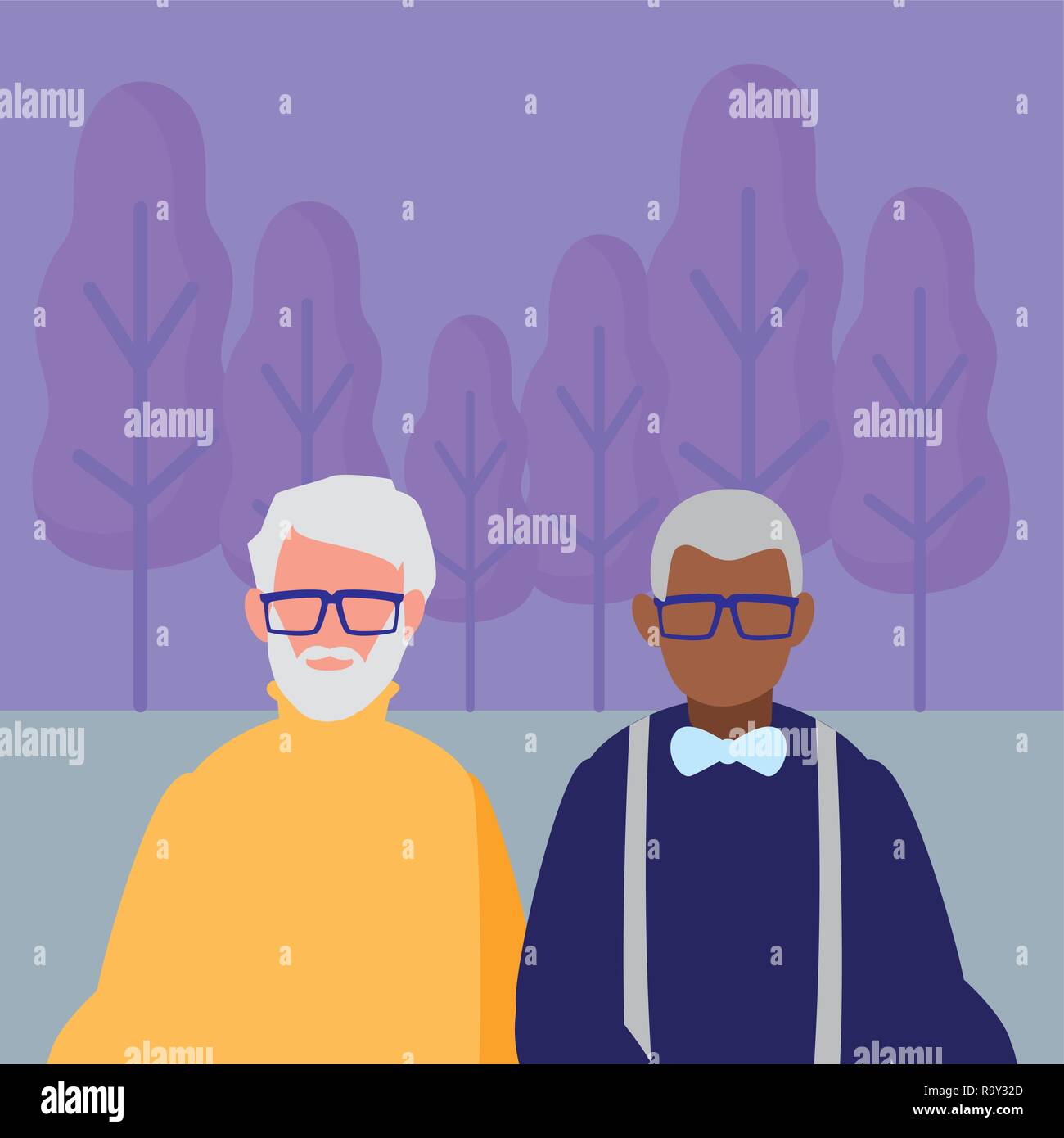 Avatar couple of old men over landscape background, vector illustration ...