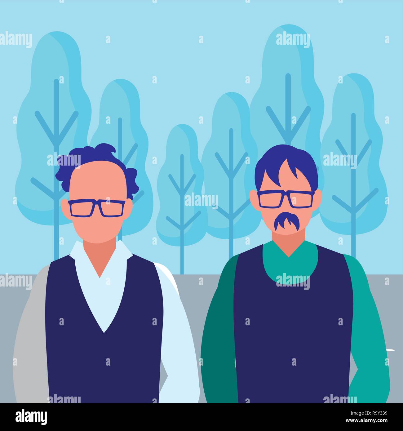 Avatar couple of old men over landscape background, vector illustration ...