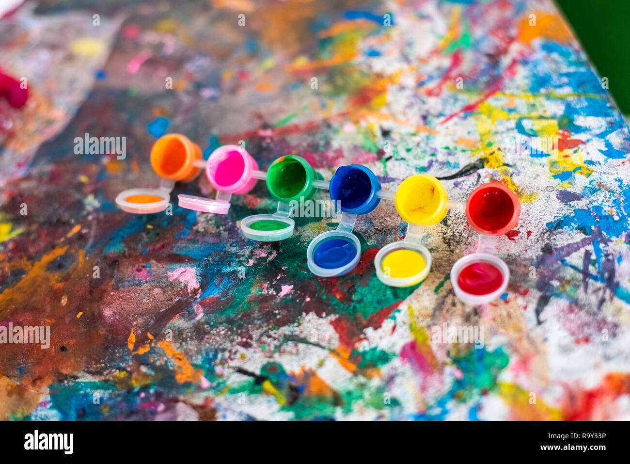 Bottles of paint of various colors to decorate plaster objects Stock ...