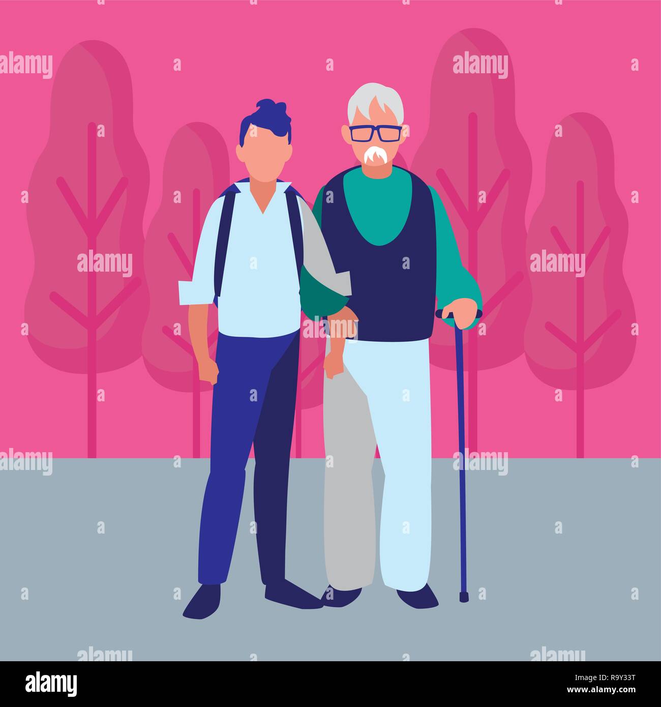 Avatar couple of old men over landscape background, vector illustration ...